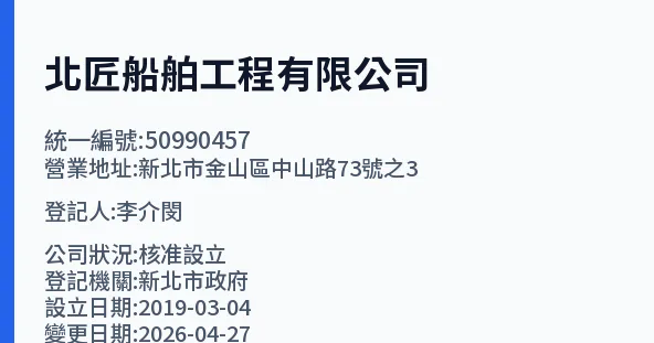 北匠船舶工程有限公司的照片-統編 50990457(新北市) 公司登記資料與營業項目詳細圖表