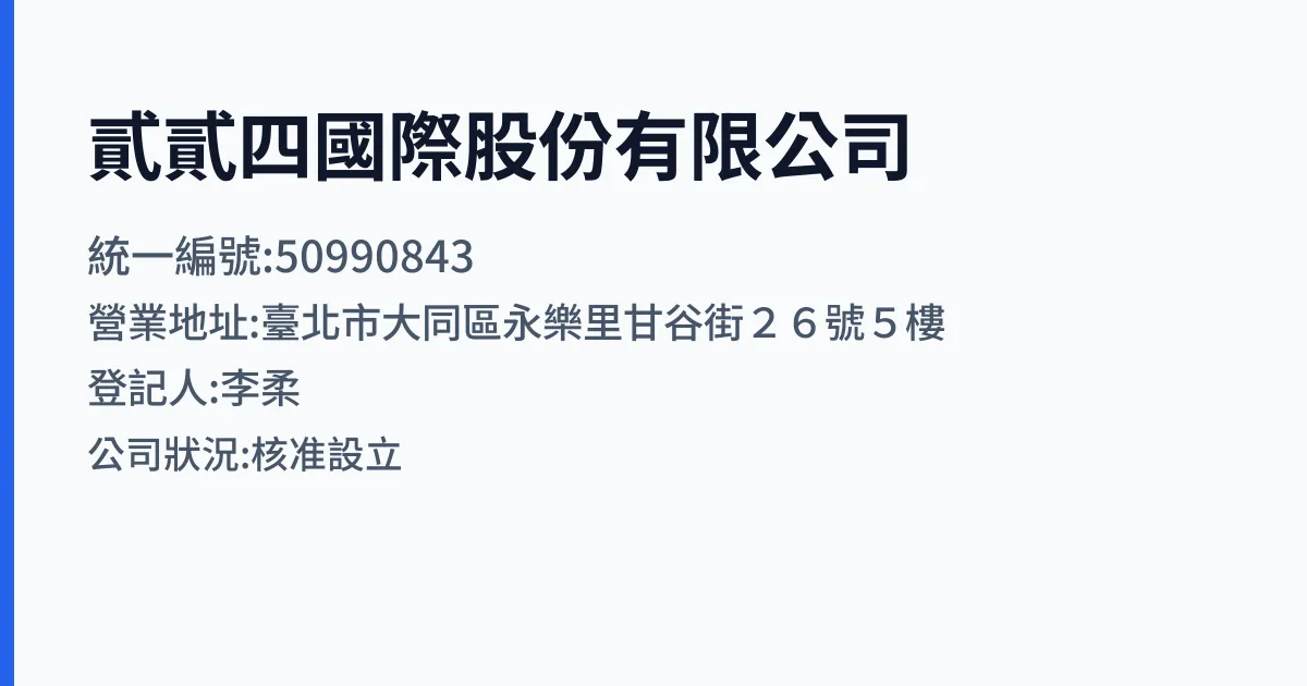 貳貳四國際股份有限公司 - 統編 50990843(新北市) 公司登記資料與營業項目詳細圖表