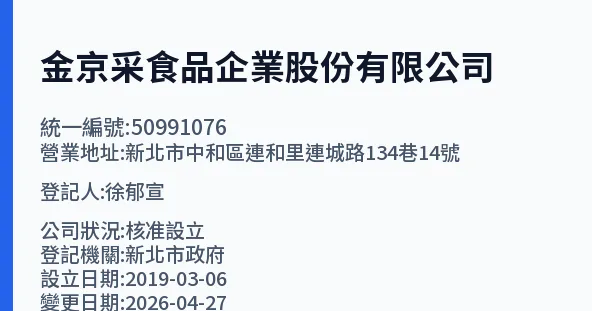 金京采食品企業股份有限公司的照片-統編 50991076(新北市) 公司登記資料與營業項目詳細圖表