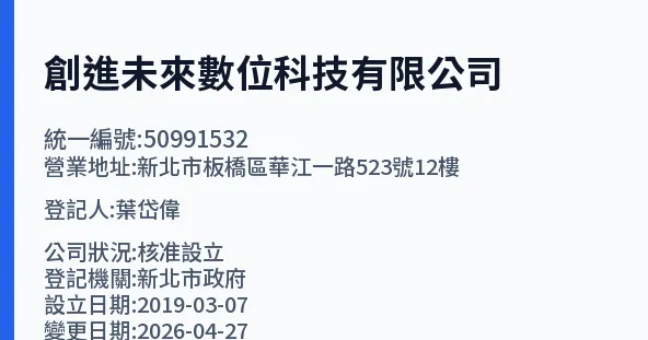 創進未來數位科技有限公司的照片-統編 50991532(新北市) 公司登記資料與營業項目詳細圖表