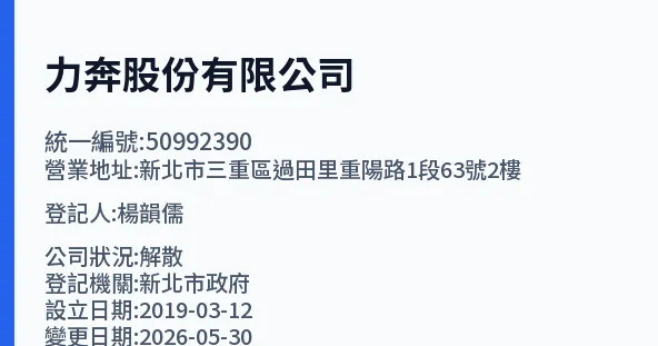 力奔股份有限公司的照片-統編 50992390(新北市) 公司登記資料與營業項目詳細圖表