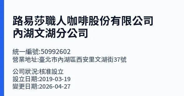 路易莎職人咖啡股份有限公司內湖文湖分公司的照片-統編 50992602(臺北市) 公司登記資料與營業項目詳細圖表