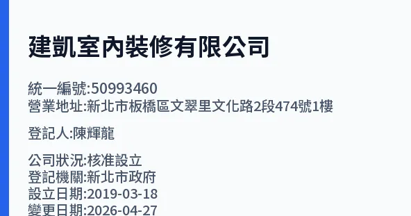 建凱室內裝修有限公司的照片-統編 50993460(新北市) 公司登記資料與營業項目詳細圖表