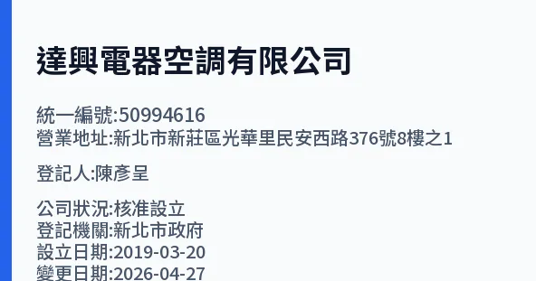 達興電器空調有限公司的照片-統編 50994616(新北市) 公司登記資料與營業項目詳細圖表