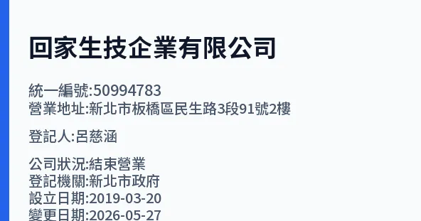 回家生技企業有限公司的照片-統編 50994783(新北市) 公司登記資料與營業項目詳細圖表