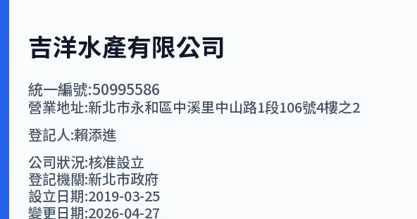 吉洋水產有限公司的照片-統編 50995586(新北市) 公司登記資料與營業項目詳細圖表