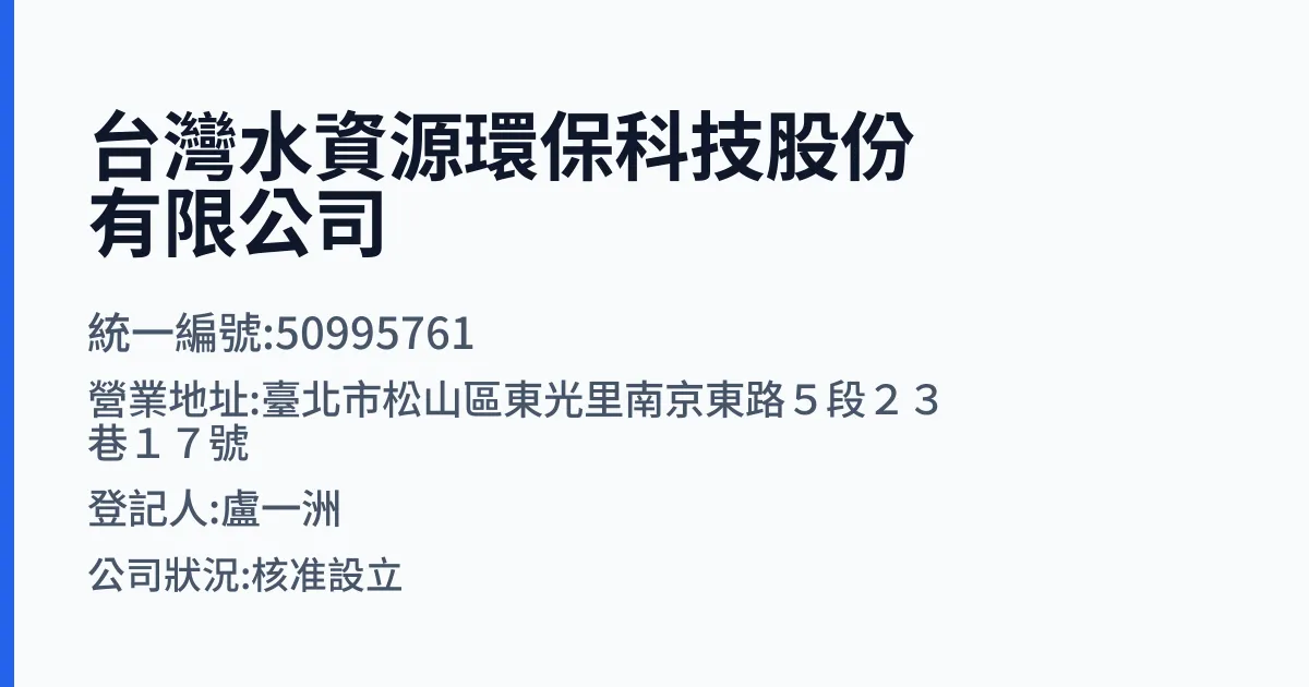台灣水資源環保科技股份有限公司 - 統編 50995761(臺北市) 公司登記資料與營業項目詳細圖表