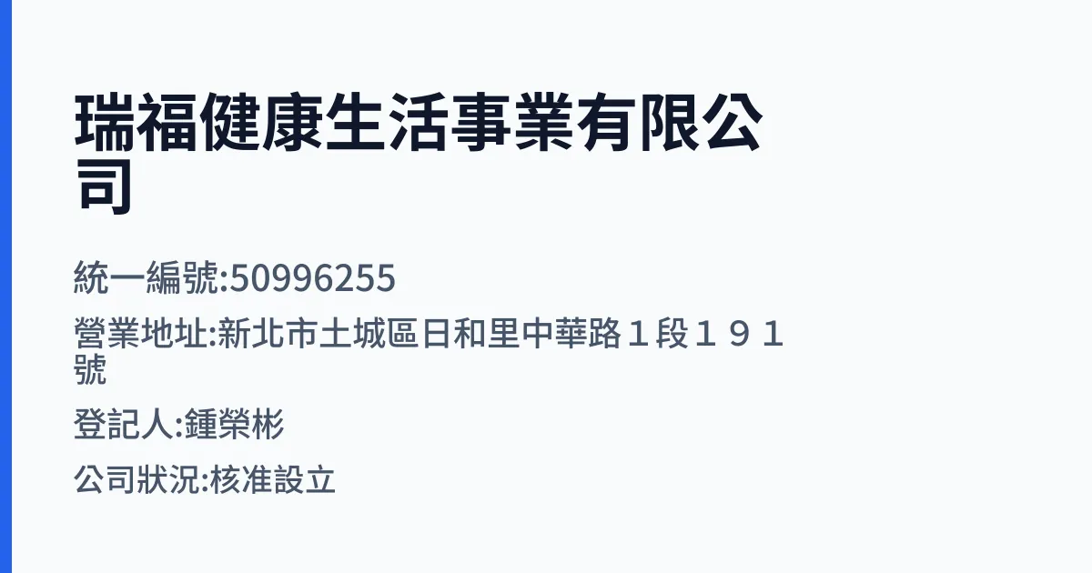 瑞福健康生活事業有限公司 - 統編 50996255（新北市） 公司登記資料與營業項目詳細圖表