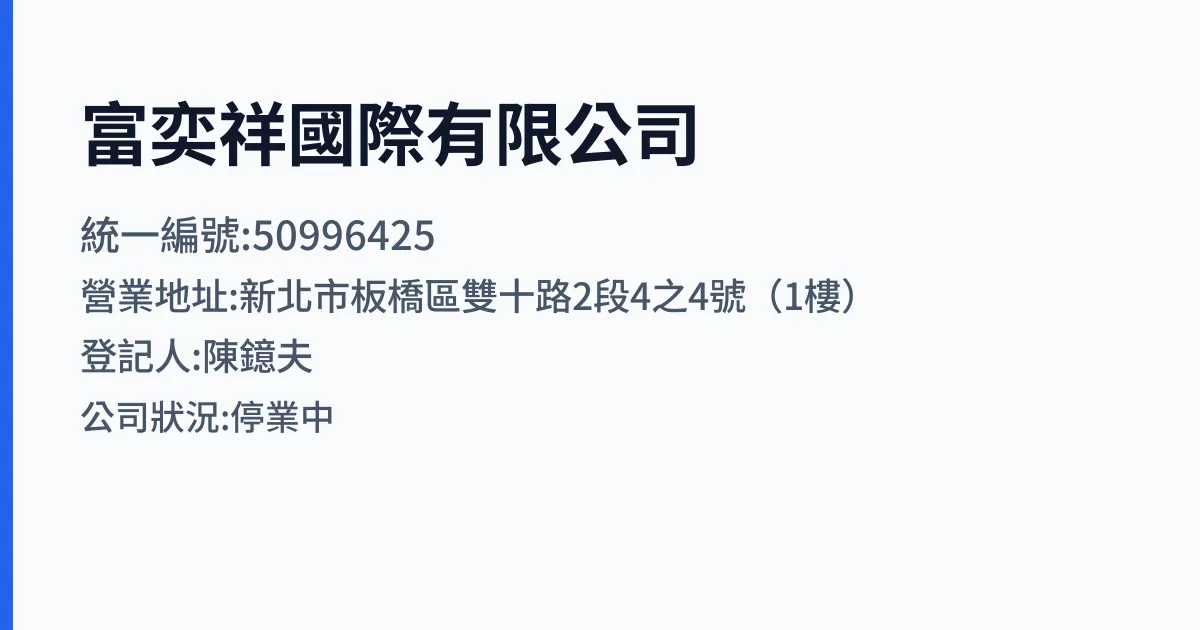 富奕祥國際有限公司 - 統編 50996425(新北市) 公司登記資料與營業項目詳細圖表