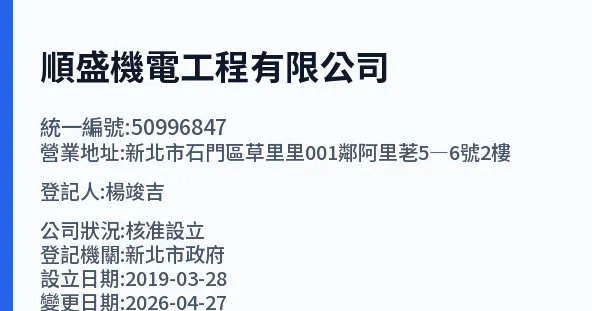 順盛機電工程有限公司的照片-統編 50996847(新北市) 公司登記資料與營業項目詳細圖表