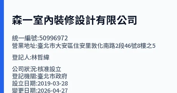 森一室內裝修設計有限公司的照片-統編 50996972(臺北市) 公司登記資料與營業項目詳細圖表