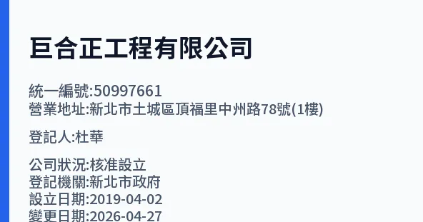 巨合正工程有限公司的照片-統編 50997661(新北市) 公司登記資料與營業項目詳細圖表