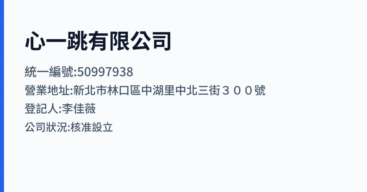 心一跳有限公司 - 統編 50997938(新北市) 公司登記資料與營業項目詳細圖表
