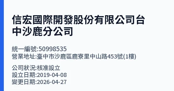 信宏國際開發股份有限公司台中沙鹿分公司的照片-統編 50998535(臺中市) 公司登記資料與營業項目詳細圖表