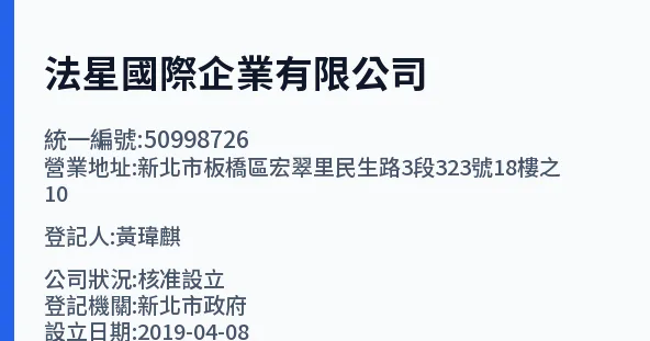 法星國際企業有限公司的照片-統編 50998726(新北市) 公司登記資料與營業項目詳細圖表