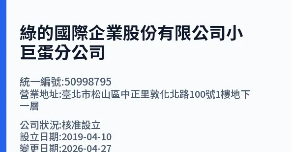 綠的國際企業股份有限公司小巨蛋分公司的照片-統編 50998795(臺北市) 公司登記資料與營業項目詳細圖表