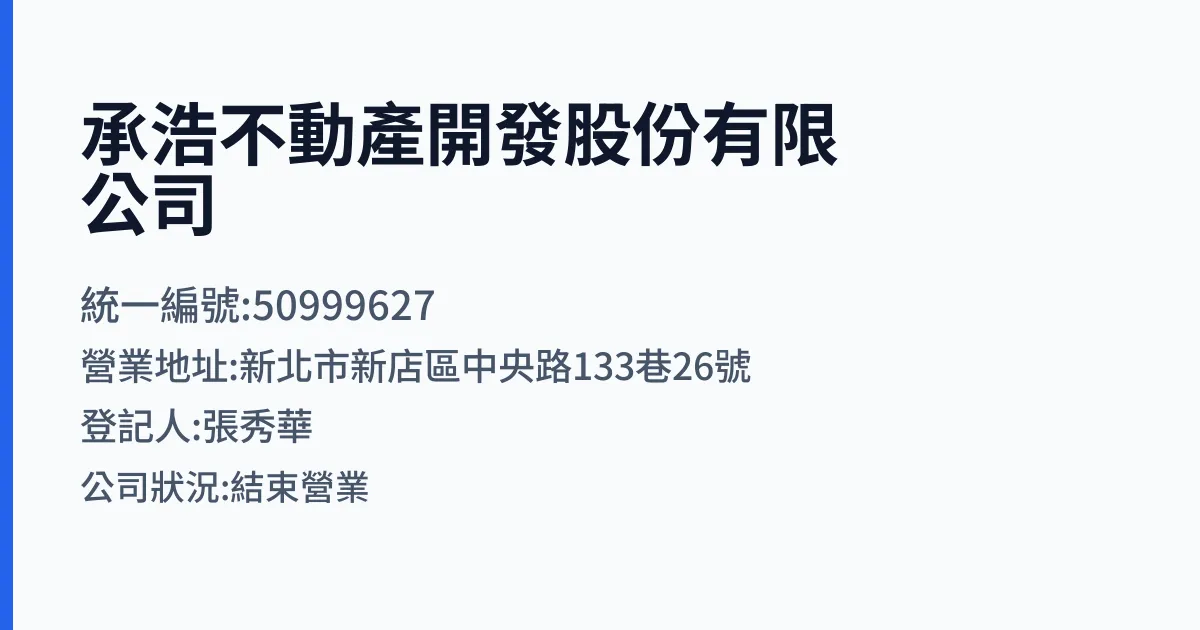 承浩不動產開發股份有限公司 - 統編 50999627(新北市) 公司登記資料與營業項目詳細圖表