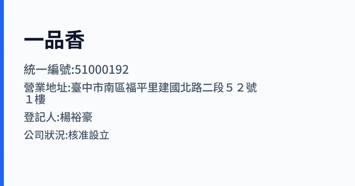 一品香 - 統編 51000192(臺中市) 公司登記資料與營業項目詳細圖表
