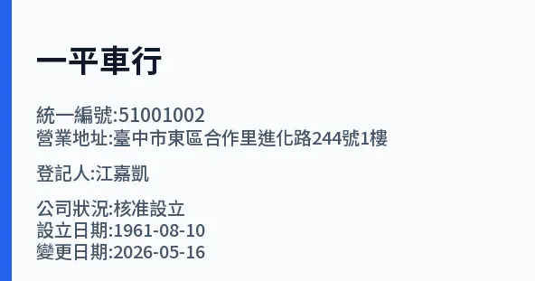 一平車行的照片-統編 51001002(臺中市) 公司登記資料與營業項目詳細圖表