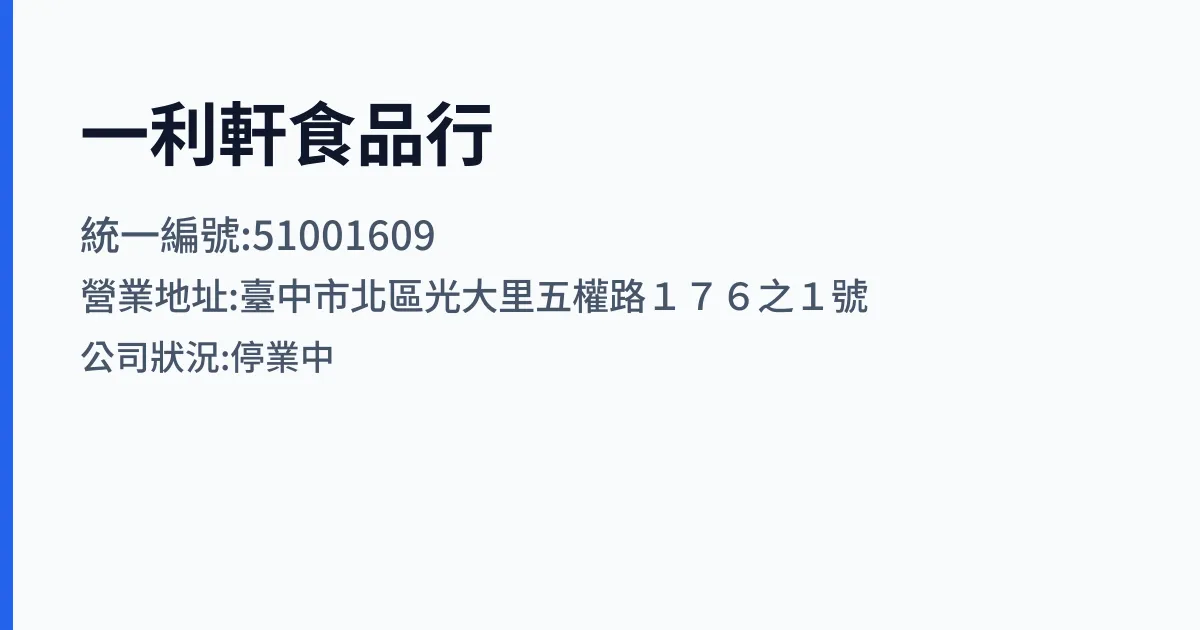一利軒食品行 - 統編 51001609(臺中市) 公司登記資料與營業項目詳細圖表