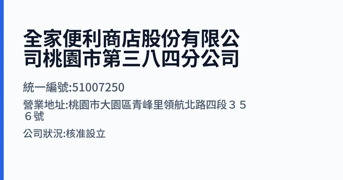 全家便利商店股份有限公司桃園市第三八四分公司 - 統編 51007250(桃園市) 公司登記資料與營業項目詳細圖表