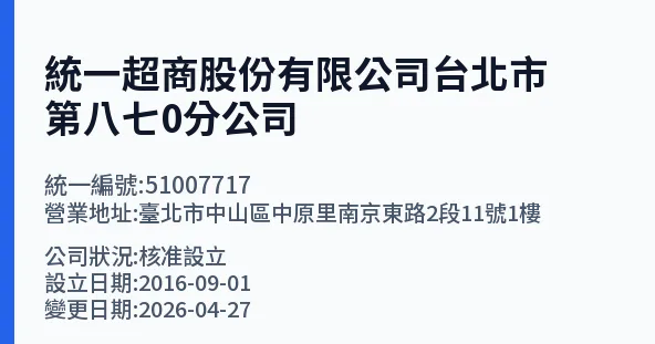 統一超商股份有限公司台北市第八七0分公司的照片-統編 51007717(臺北市) 公司登記資料與營業項目詳細圖表