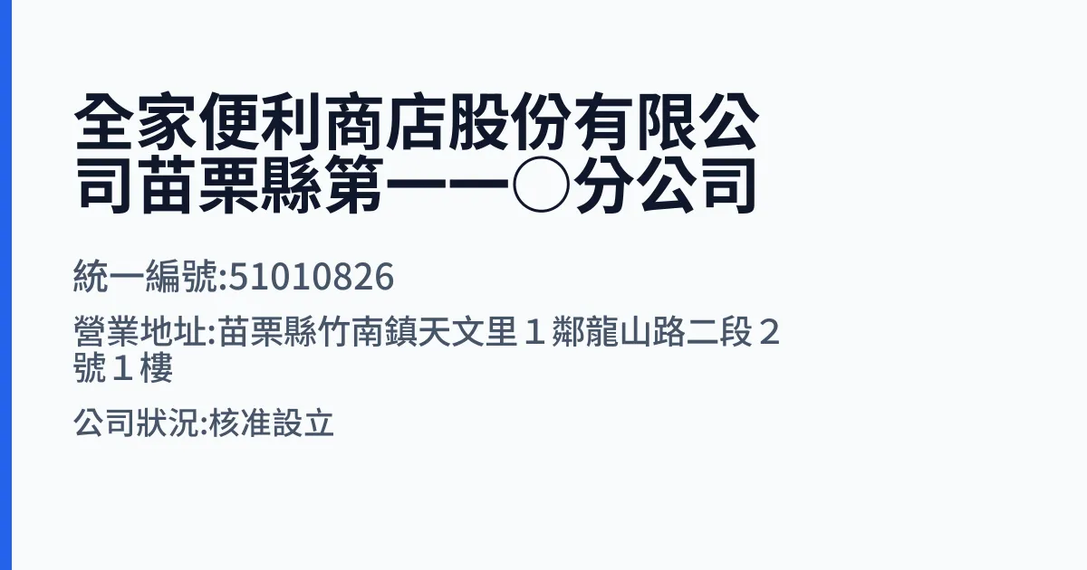 全家便利商店股份有限公司苗栗縣第一一○分公司 - 統編 51010826(苗栗縣) 公司登記資料與營業項目詳細圖表