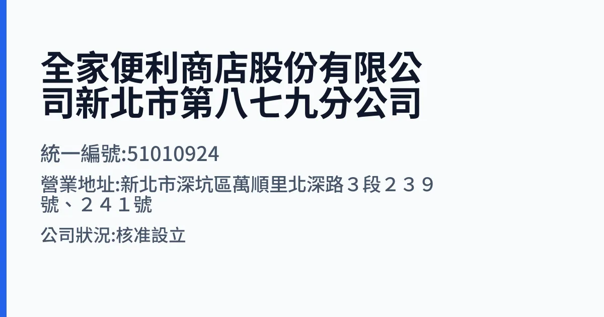 全家便利商店股份有限公司新北市第八七九分公司 - 統編 51010924(新北市) 公司登記資料與營業項目詳細圖表
