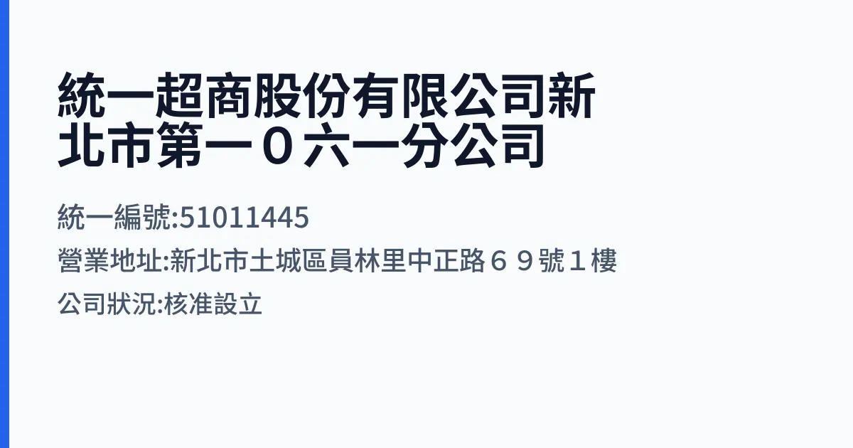 統一超商股份有限公司新北市第一０六一分公司 - 統編 51011445(新北市) 公司登記資料與營業項目詳細圖表