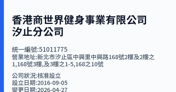 香港商世界健身事業有限公司汐止分公司的照片-統編 51011775(新北市) 公司登記資料與營業項目詳細圖表