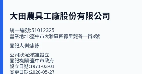 大田農具工廠股份有限公司的照片-統編 51012325(臺中市) 公司登記資料與營業項目詳細圖表
