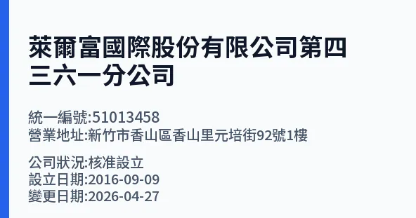 萊爾富國際股份有限公司第四三六一分公司的照片-統編 51013458(新竹市) 公司登記資料與營業項目詳細圖表