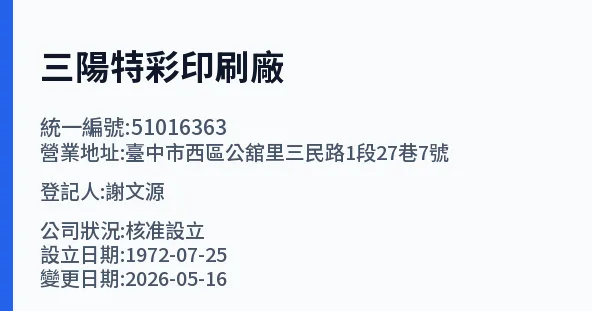 三陽特彩印刷廠的照片-統編 51016363(臺中市) 公司登記資料與營業項目詳細圖表