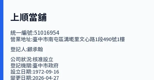 上順當舖的照片-統編 51016954(臺中市) 公司登記資料與營業項目詳細圖表