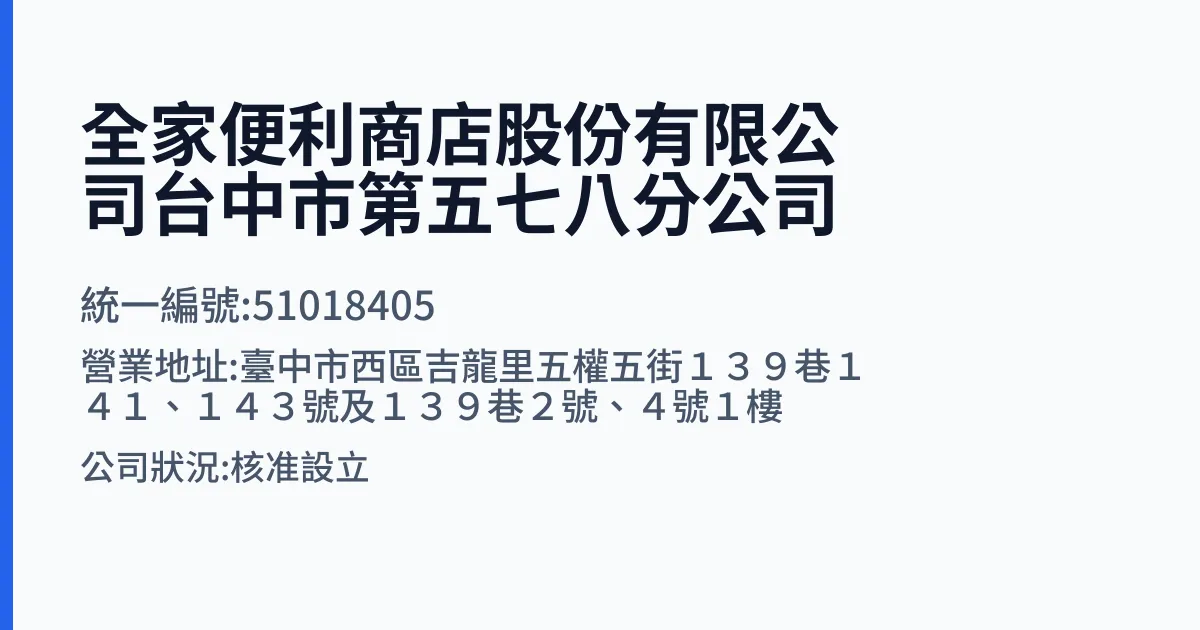 全家便利商店股份有限公司台中市第五七八分公司 - 統編 51018405(臺中市) 公司登記資料與營業項目詳細圖表