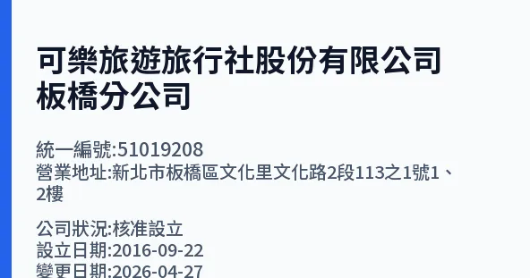 可樂旅遊旅行社股份有限公司板橋分公司的照片-統編 51019208(新北市) 公司登記資料與營業項目詳細圖表