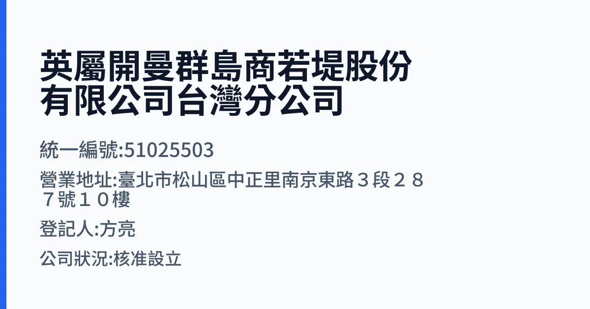 英屬開曼群島商若堤股份有限公司台灣分公司 - 統編 51025503(臺北市) 公司登記資料與營業項目詳細圖表