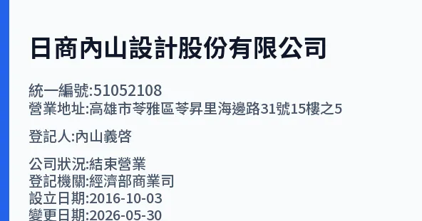 日商內山設計股份有限公司的照片-統編 51052108(高雄市) 公司登記資料與營業項目詳細圖表