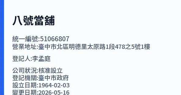 八號當舖的照片-統編 51066807(臺中市) 公司登記資料與營業項目詳細圖表