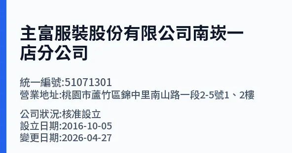 主富服裝股份有限公司南崁一店分公司的照片-統編 51071301(桃園市) 公司登記資料與營業項目詳細圖表