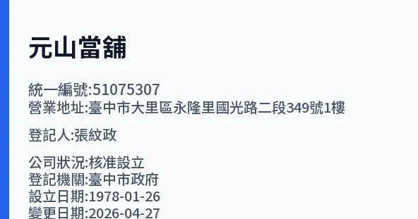 元山當舖的照片-統編 51075307(臺中市) 公司登記資料與營業項目詳細圖表