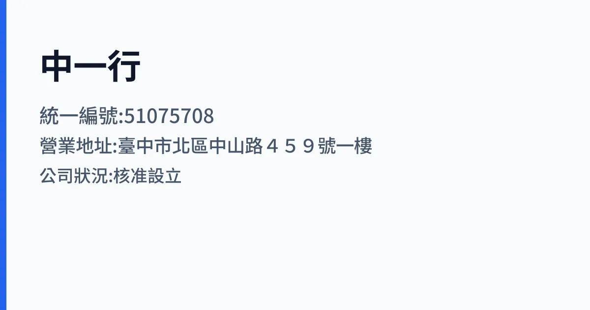 中一行 - 統編 51075708(臺中市) 公司登記資料與營業項目詳細圖表