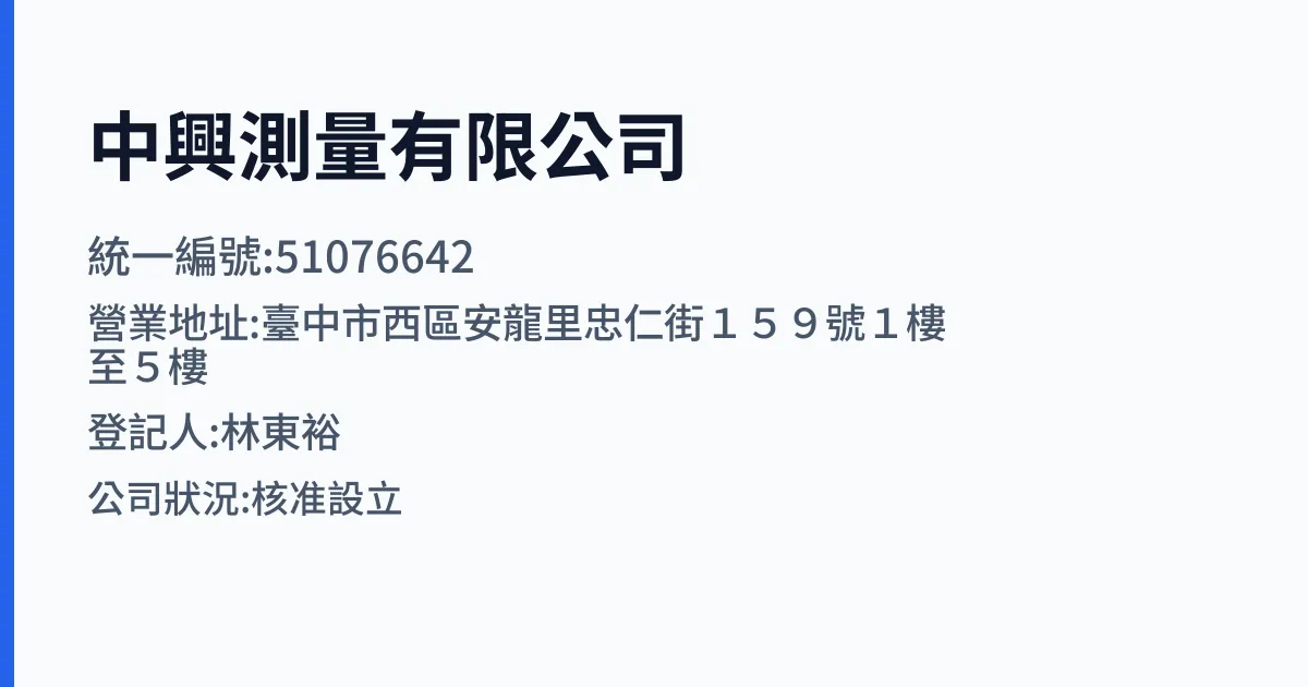 中興測量有限公司 - 統編 51076642(臺中市) 公司登記資料與營業項目詳細圖表