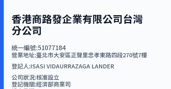香港商路發企業有限公司台灣分公司的照片-統編 51077184(臺北市) 公司登記資料與營業項目詳細圖表