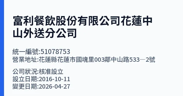 富利餐飲股份有限公司花蓮中山外送分公司的照片-統編 51078753(花蓮縣) 公司登記資料與營業項目詳細圖表