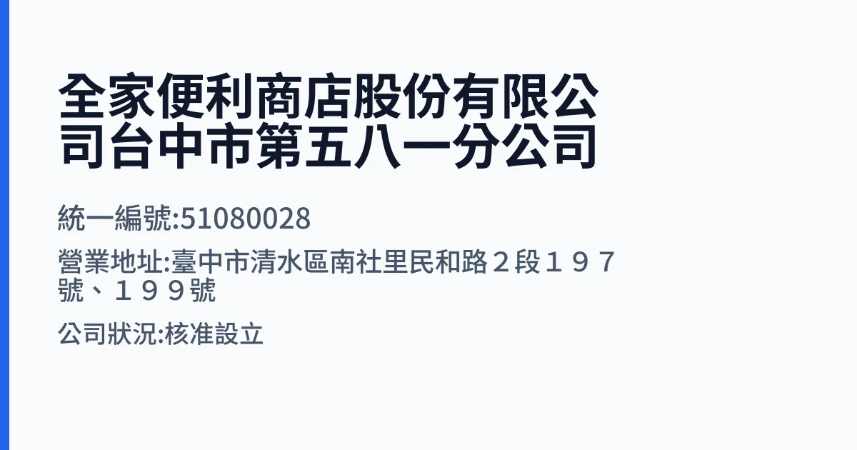 全家便利商店股份有限公司台中市第五八一分公司 - 統編 51080028(臺中市) 公司登記資料與營業項目詳細圖表