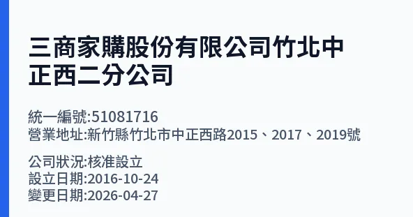 三商家購股份有限公司竹北中正西二分公司的照片-統編 51081716(新竹縣) 公司登記資料與營業項目詳細圖表