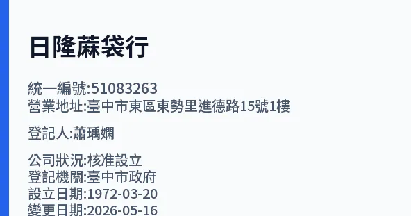 日隆蔴袋行的照片-統編 51083263(臺中市) 公司登記資料與營業項目詳細圖表