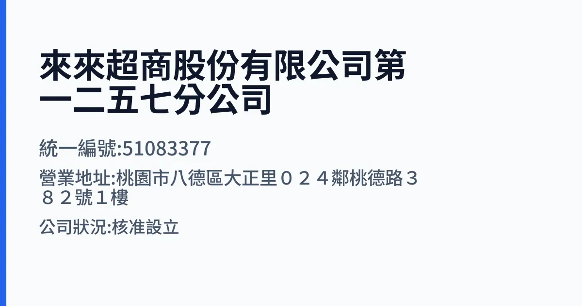 來來超商股份有限公司第一二五七分公司 - 統編 51083377(桃園市) 公司登記資料與營業項目詳細圖表