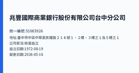 兆豐國際商業銀行股份有限公司台中分公司的照片-統編 51083926(臺中市) 公司登記資料與營業項目詳細圖表